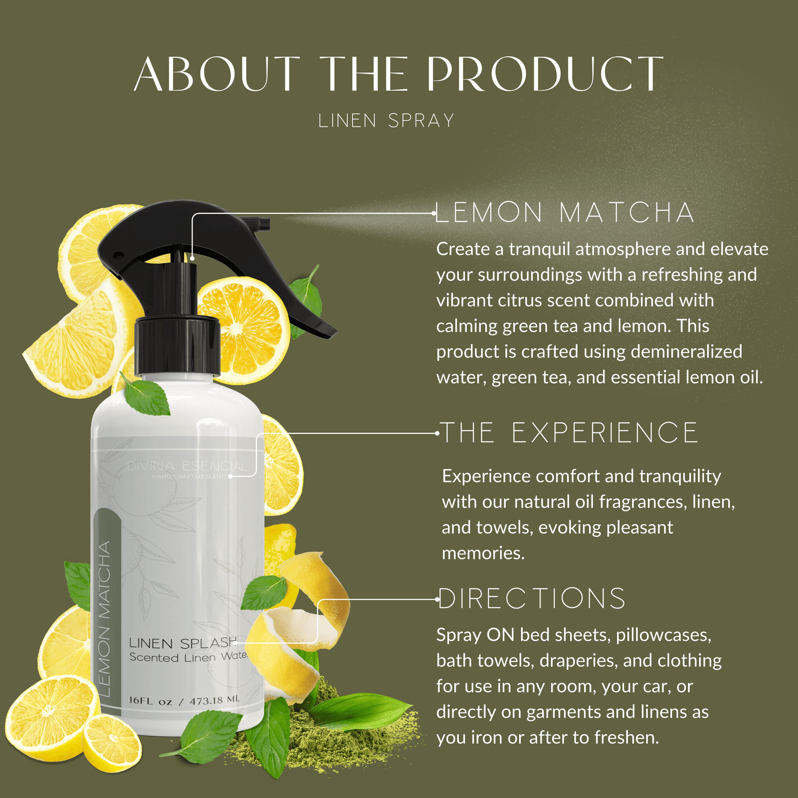 Lemon Matcha Linen Spray – Divina Esencial